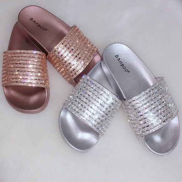 Shoes | Silver Rhinestone Crystal Slides Sandals | Poshmark